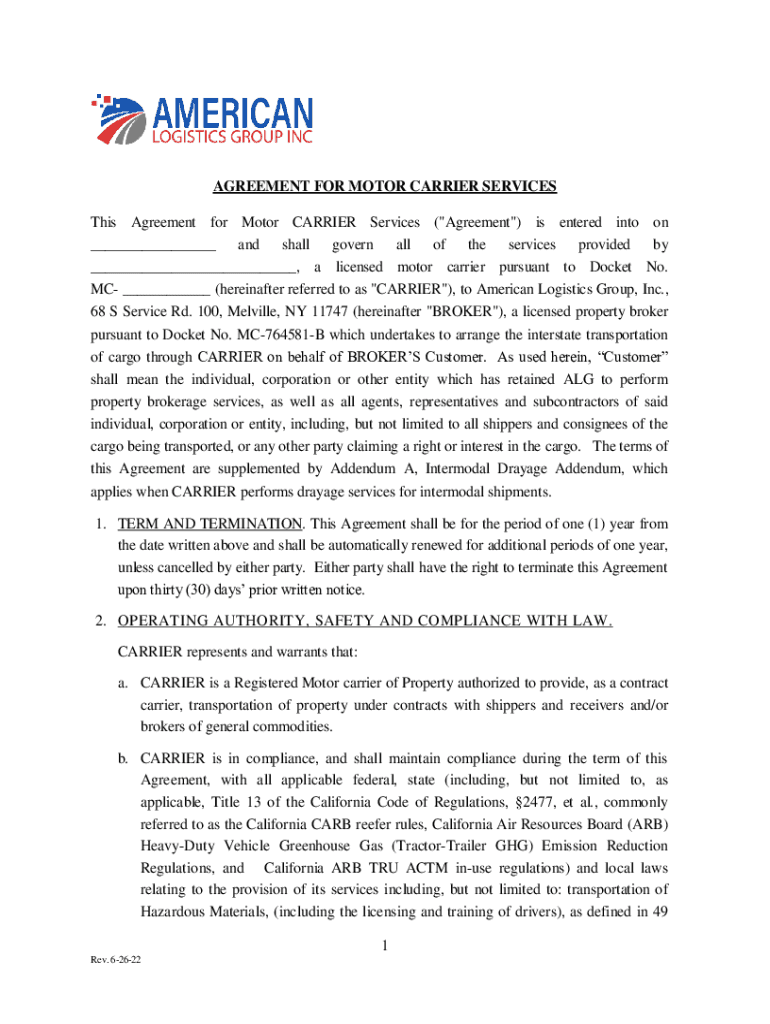 Fillable Online Agreement FOR Motor Carrier Services (10) Fax Email ...