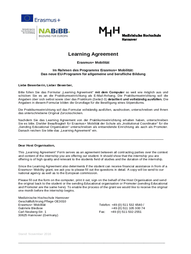 Mobility and learning agreements - Erasmus+ - European Union Doc Template | pdfFiller