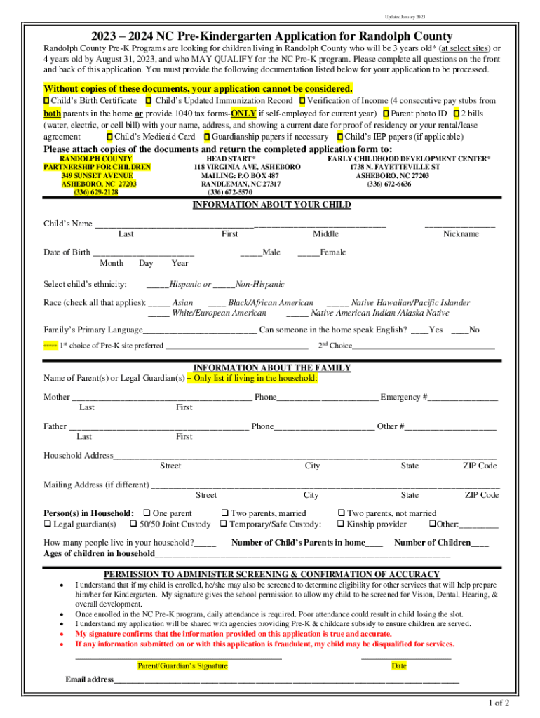 Fillable Online 2024 NC Pre-Kindergarten Application for Randolph ...