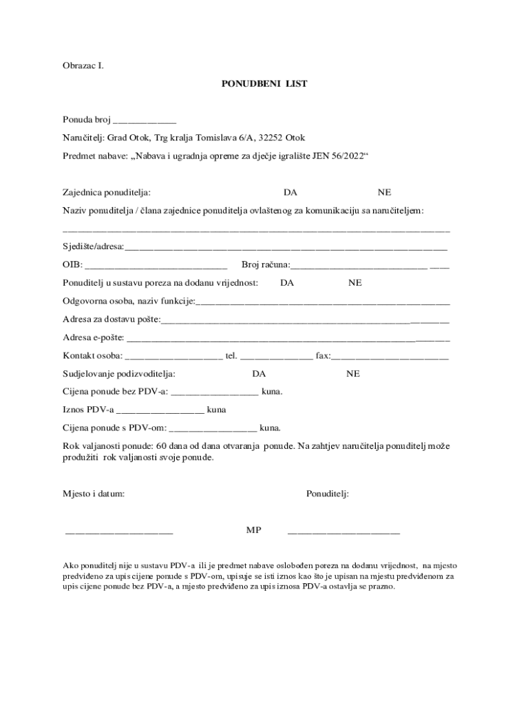 Fillable Online Obrazac I. PONUDBENI LIST Ponuda broj Fax Email Print - pdfFiller