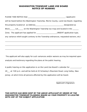 Notice of Hearing - Washington Township, Morris County Doc Template | pdfFiller