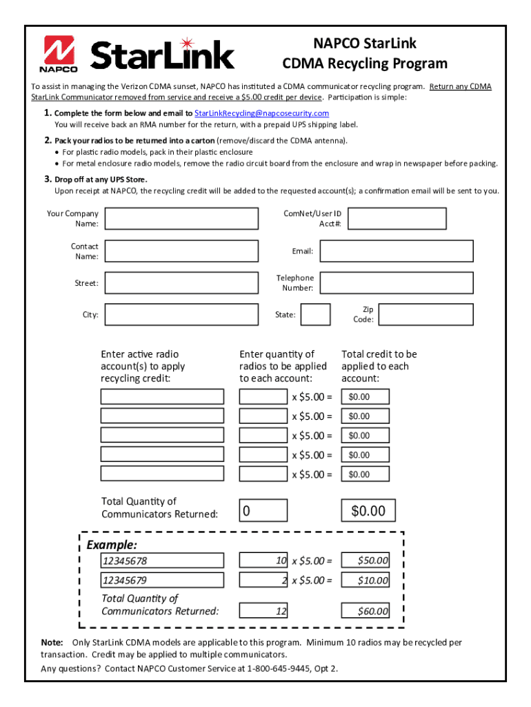 Fillable Online NAPCO StarLink CDMA Recycling Program Fax Email Print ...