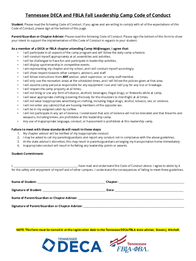 Fillable Online Tennessee DECA and FBLA Fall Leadership Camp Code ...