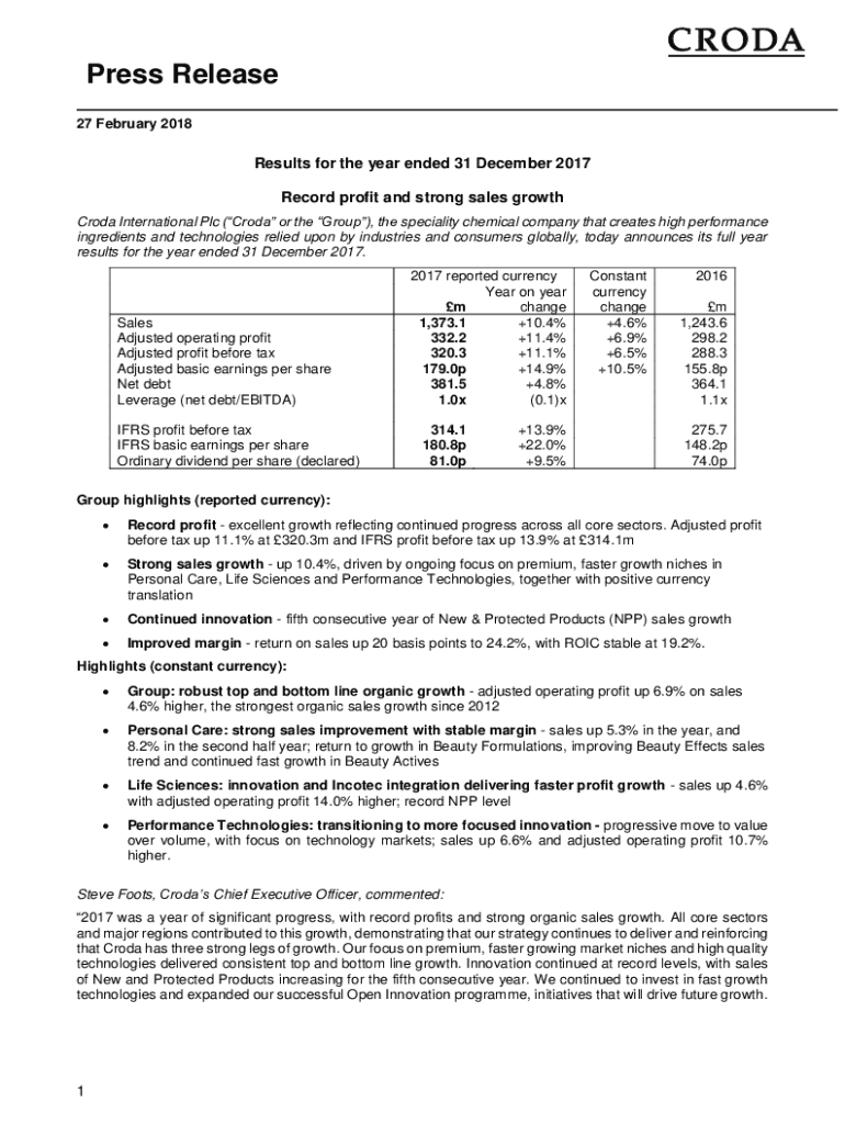 Fillable Online Croda International Regulatory News. Live CRDA RNS. ... Fax Email Print - pdfFiller