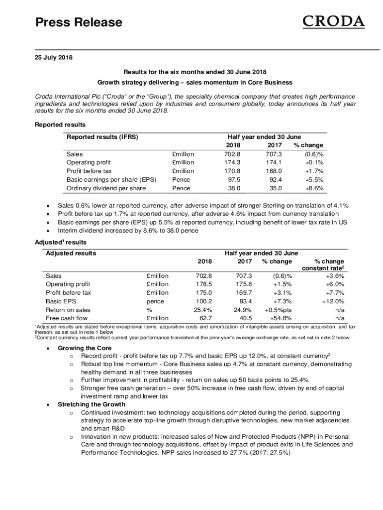 Fillable Online Croda International Plc Results for the six months ended ... Fax Email Print ...