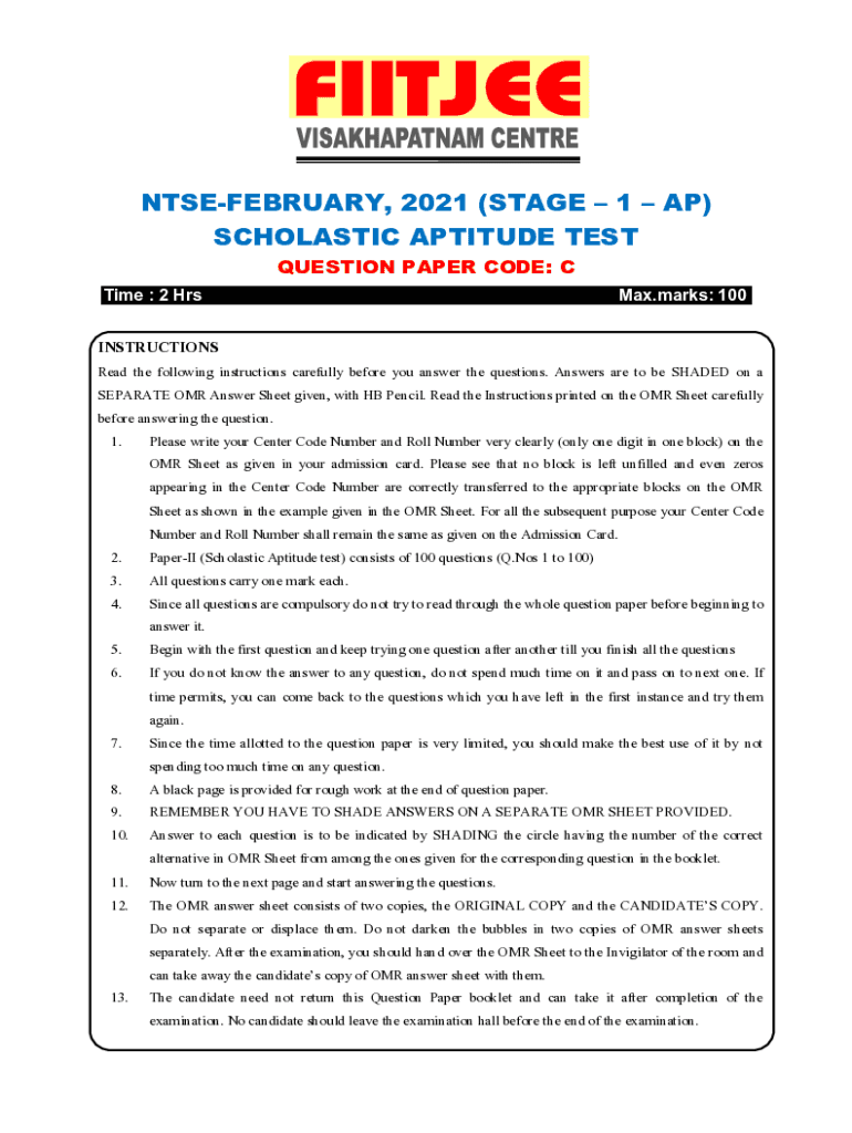 Fillable Online 1AP) SCHOLASTIC APTITUDE TEST - NTSE Fax Email Print ...