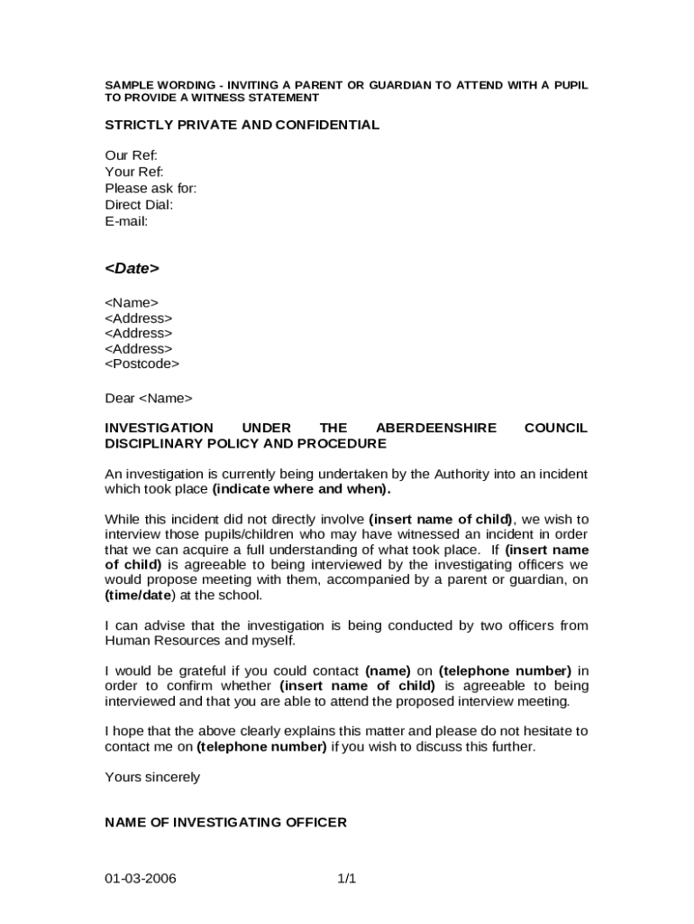 SAMPLE WORDING - INVITING A PARENT OR GUARDIAN TO ATTEND WITH A PUPIL ...