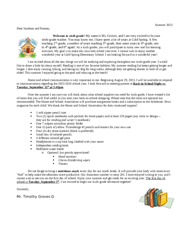 Dear Sixth Grader, It is our pleasure to welcome you to ... Doc ...