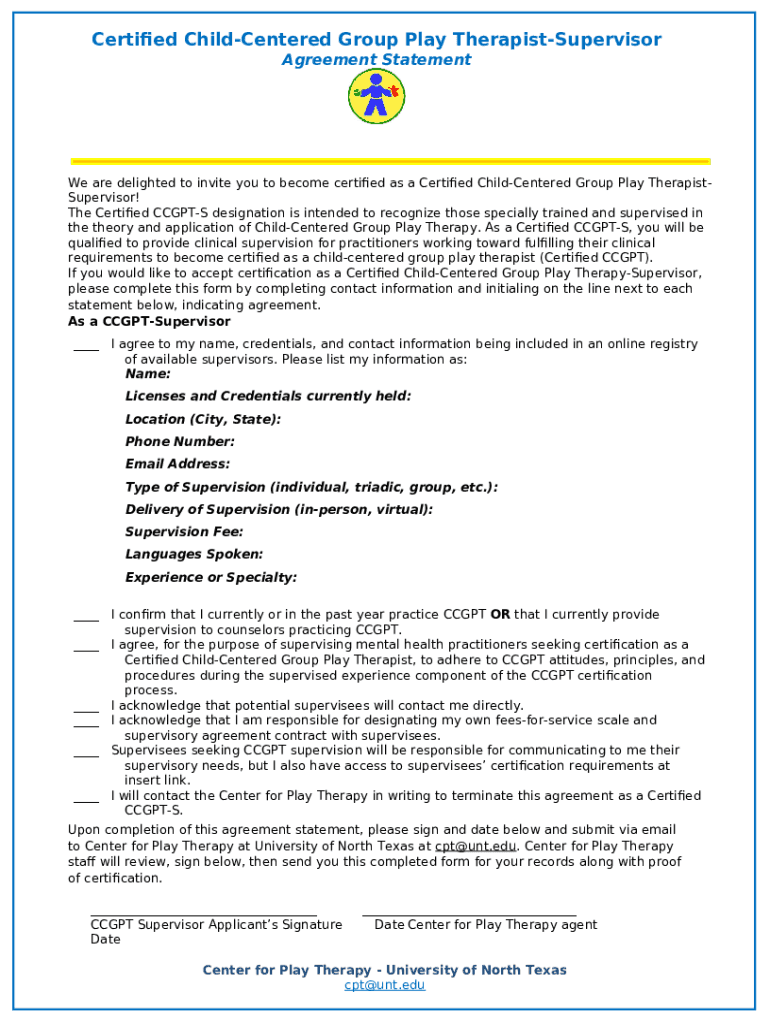 CCPT-S Supervisory Agreement - Center for Play Therapy Doc Template | pdfFiller