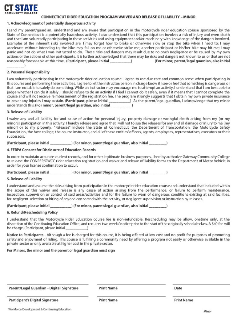 Fillable Online CT State Motorcycle Courses. Motorcycle-Minor-Waiver ...