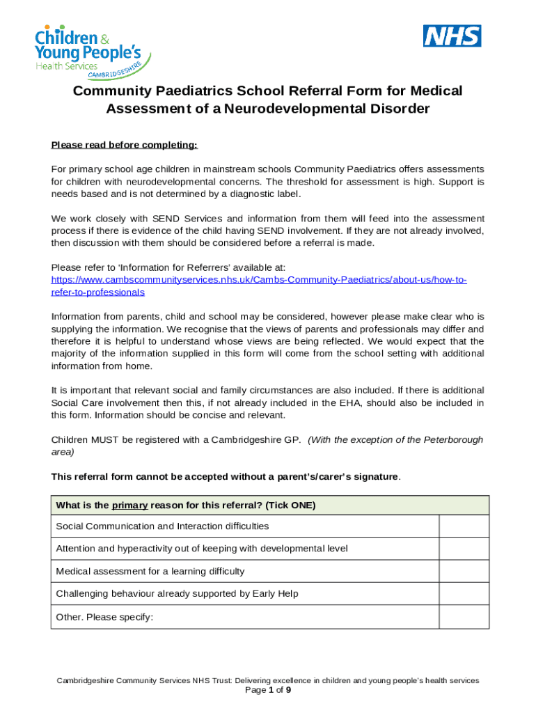 Community Paediatrics Referral Revised Sept 21 Doc Template | pdfFiller