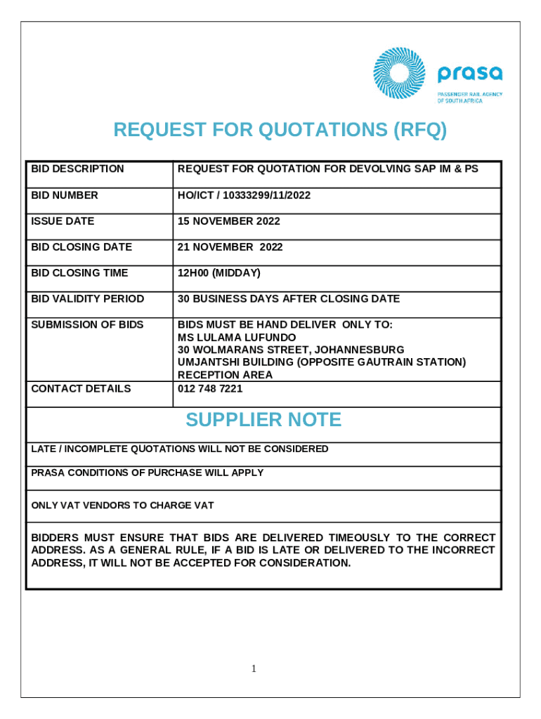 REQUEST FOR QUOTATION FOR DEVOLVING SAP IM & PS Doc Template | pdfFiller