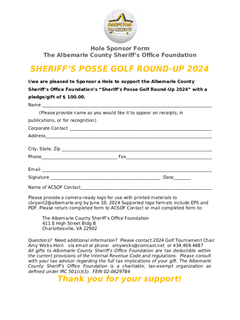 Hole Sponsor The Albemarle County Sheriff's Office ... Doc Template | pdfFiller