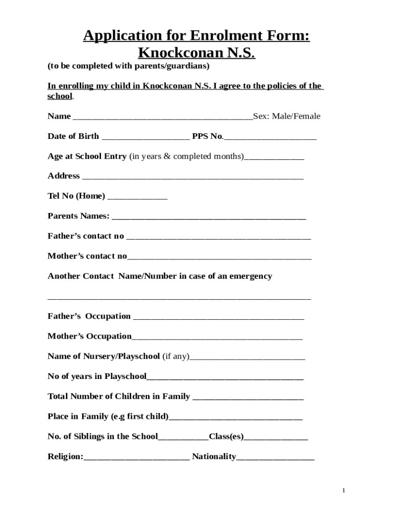 Application for Enrolment : Knockconan NS (to be ... Doc Template | pdfFiller