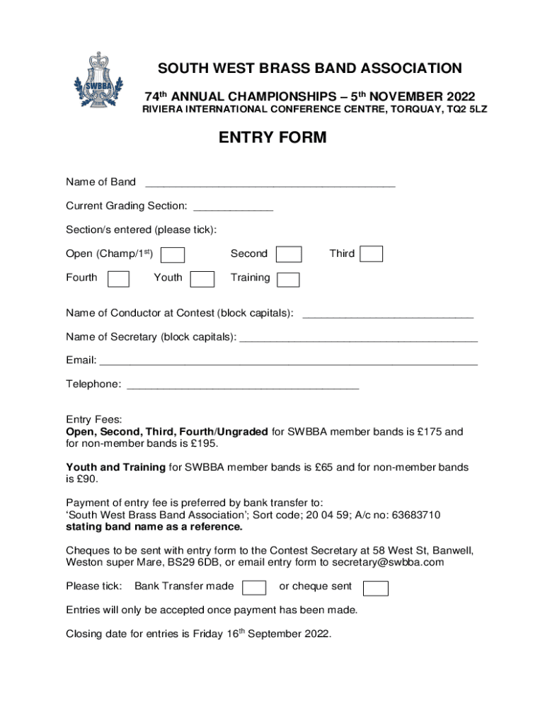 Fillable Online National Brass Band Championships of Great Britain Fax ...