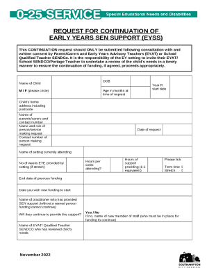 REQUEST FOR CONTINUATION OF EARLY YEARS SEN ... Doc Template | pdfFiller