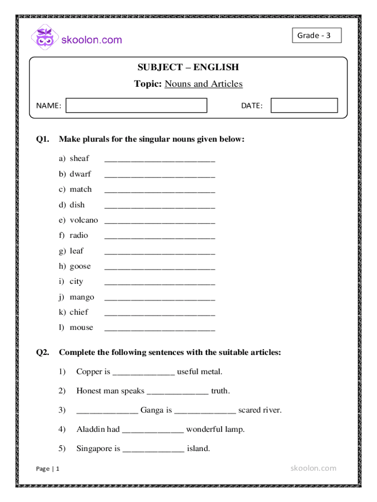 Fillable Online Grade 3 English Q1 Ep11: Singular to Plural Form ...