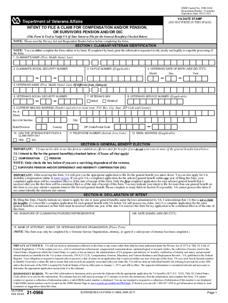 Fillable Online (This Form Is Used to Notify VA of Your Intent to File ...