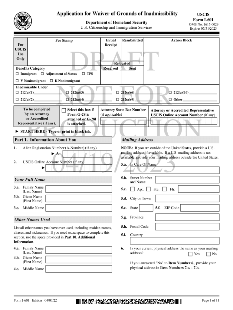 Fillable Online I-601 Application for Waiver of Grounds of ...