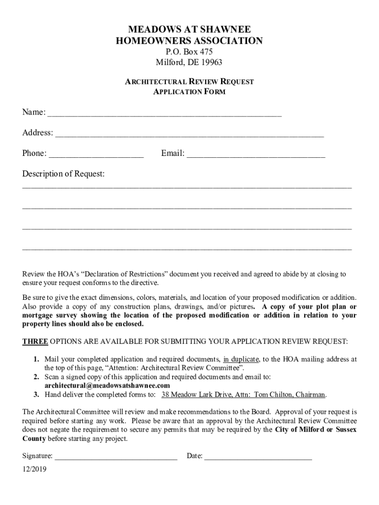 Fillable Online Architectural Request form Dec. 2019 Chairman Tom ...
