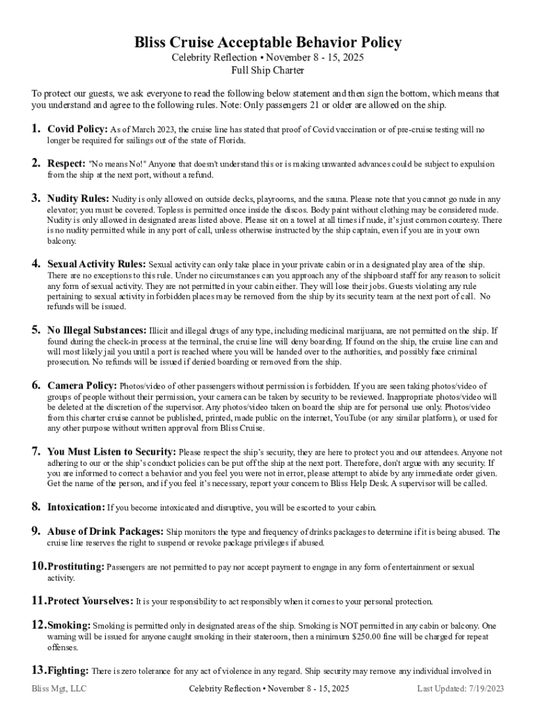 Fillable Online Celebrity Reflection 2025 on Nov 08 - Bliss Cruise Fax ...