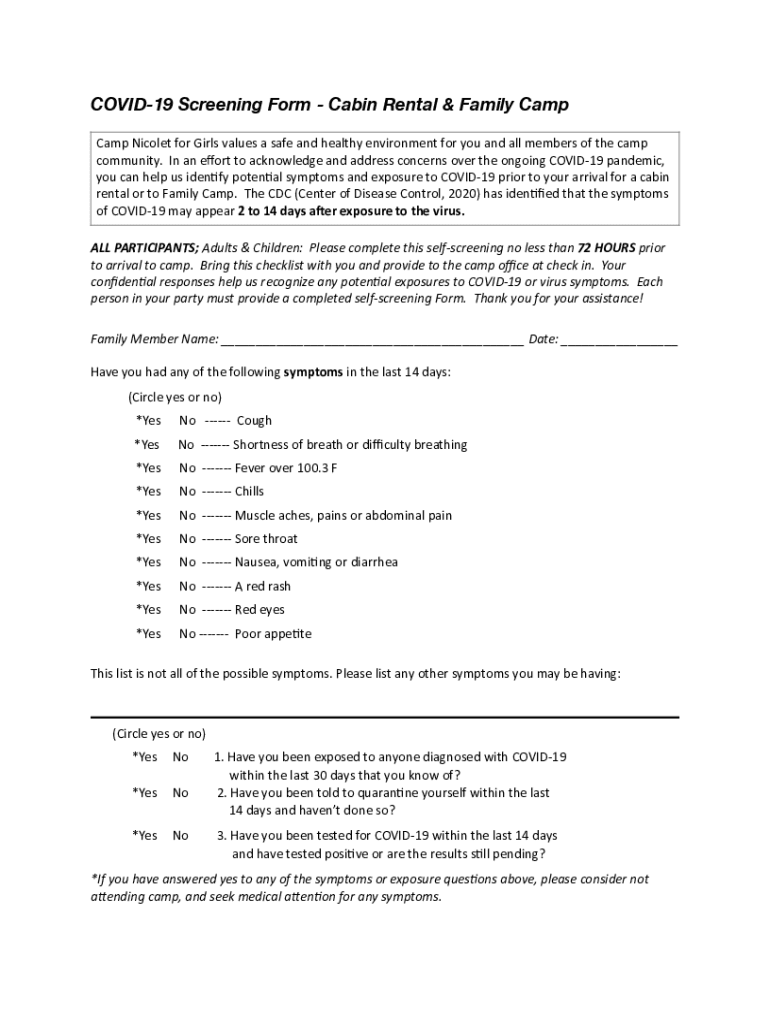 Fillable Online COVID-19 Screening Form - Cabin Rental & Family Camp Fax Email Print - pdfFiller