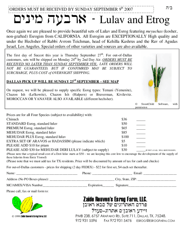 Fillable Online Kosher Certified Lulav and Esrog Etrog Set For Sukkos ...