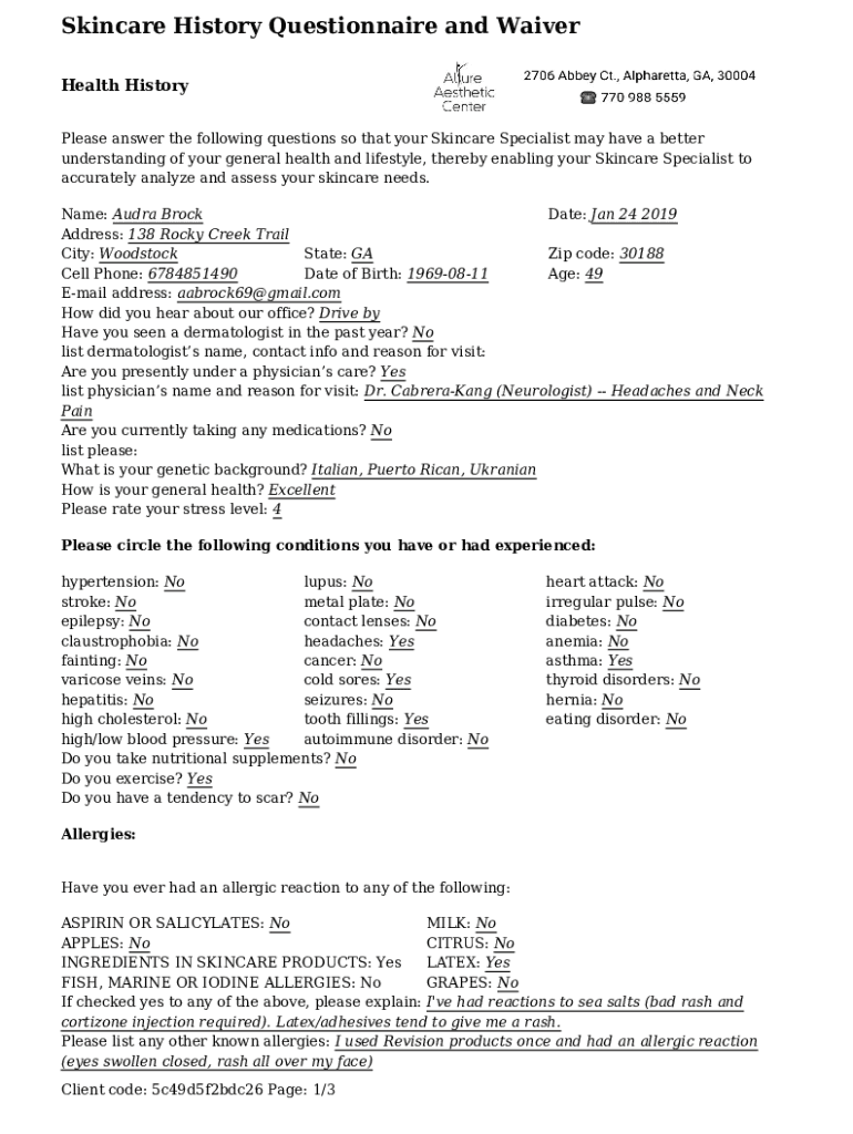 Fillable Online Skin Care History Questionnaire and Waiver - Pure Spa ...