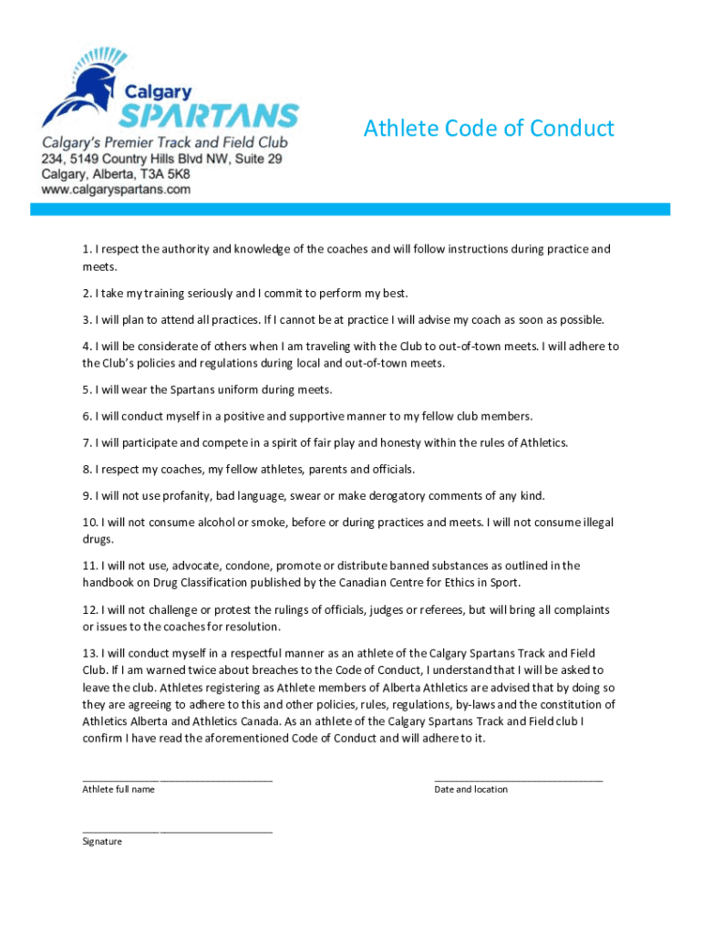 Fillable Online Athlete's Code of Conduct Handbook Fax Email Print ...