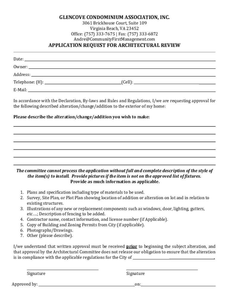 Fillable Online application request for architectural review Fax Email ...