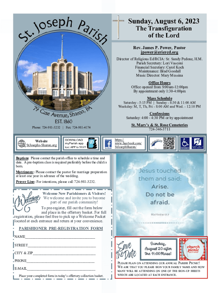 Fillable Online Rev. James P. Power, Pastor jpowereriercd.org Sunday ...