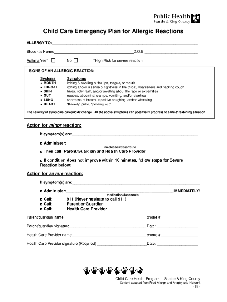 Fillable Online Child Care Emergency Plan for Allergic Reactions Fax ...