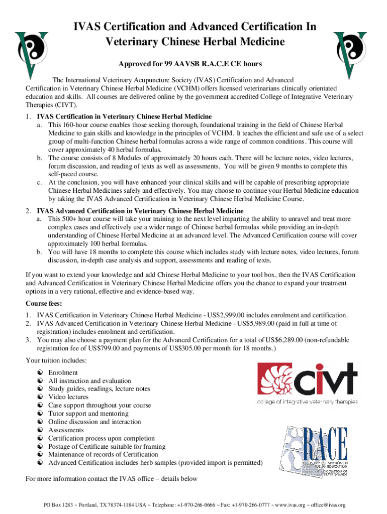 Fillable Online IVAS Certification in Veterinary Chinese Herbal ...