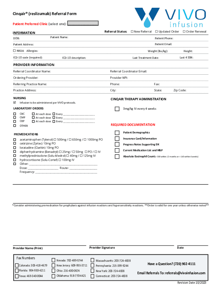 Fillable Online CINQAIR (reslizumab) InjectionAbout Asthma Control Fax ...