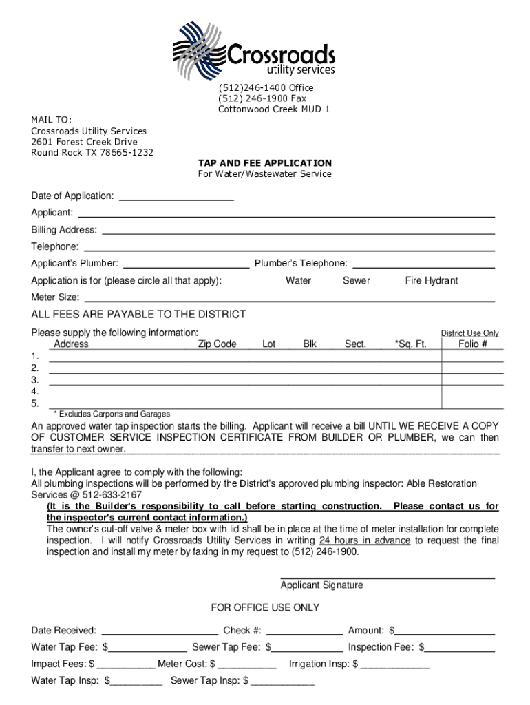 Fillable Online Cottonwood Creek MUD 1Crossroads Utility Services Fax ...
