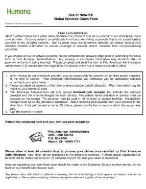 Fillable Online Fillable Online Out of Network Vision Services Claim ...