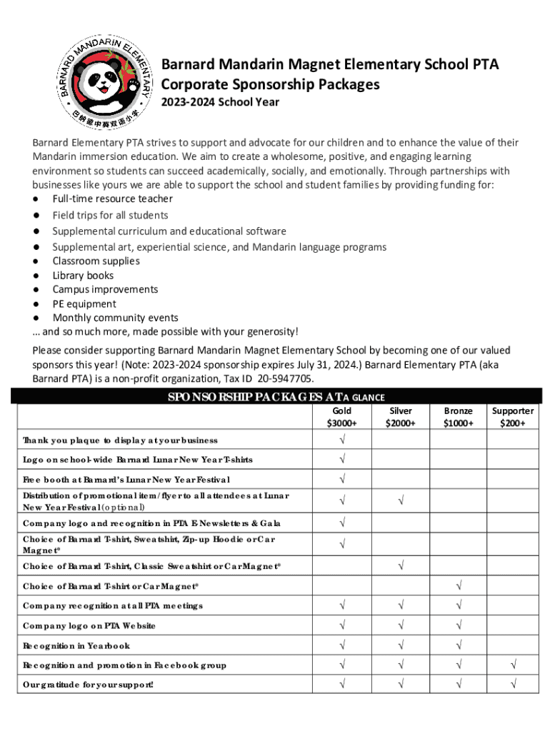 Fillable Online Barnard Mandarin Magnet Elementary School PTA Corporate ...