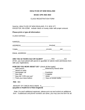 CPR/AED and First Aid Class Registration s Doc Template | pdfFiller