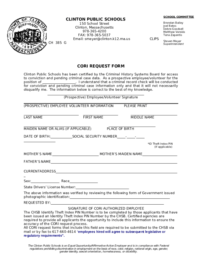 Criminal History Background Checks for Public School ... - clinton k12 ma Doc Template | pdfFiller