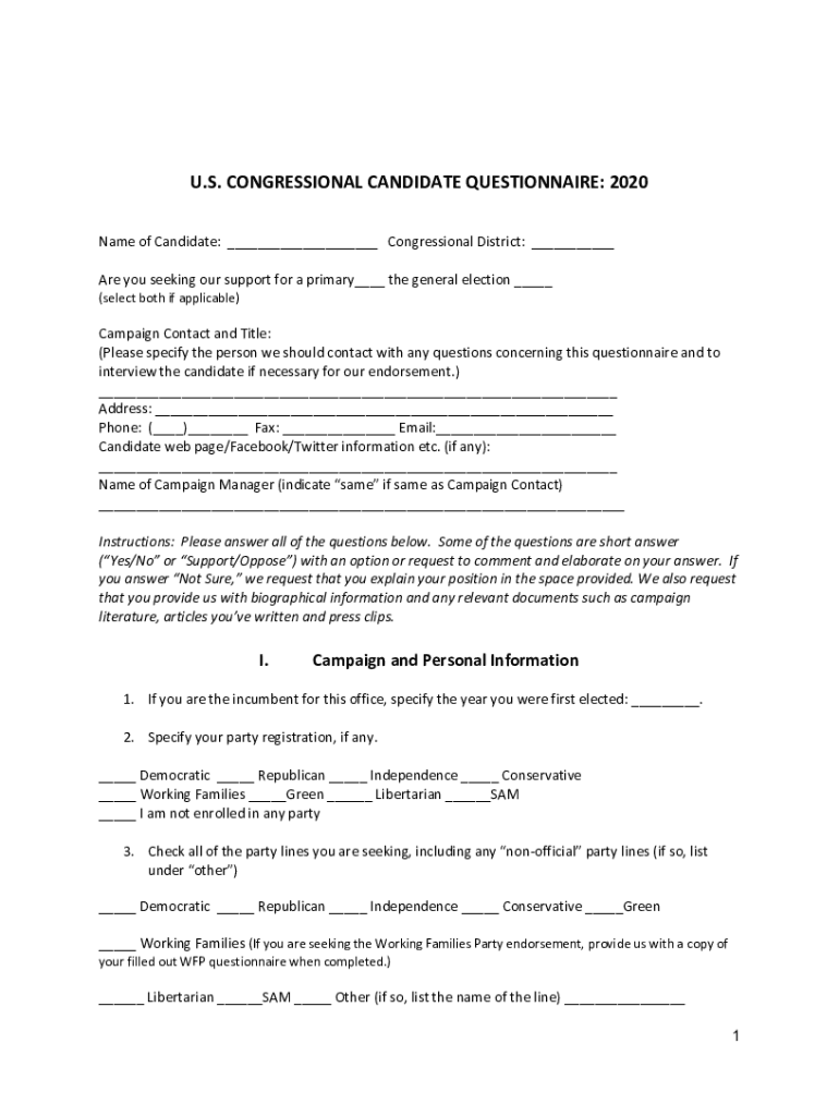 Fillable Online CANY 2020 Federal Candidates Questionnaire., Ans Key ...