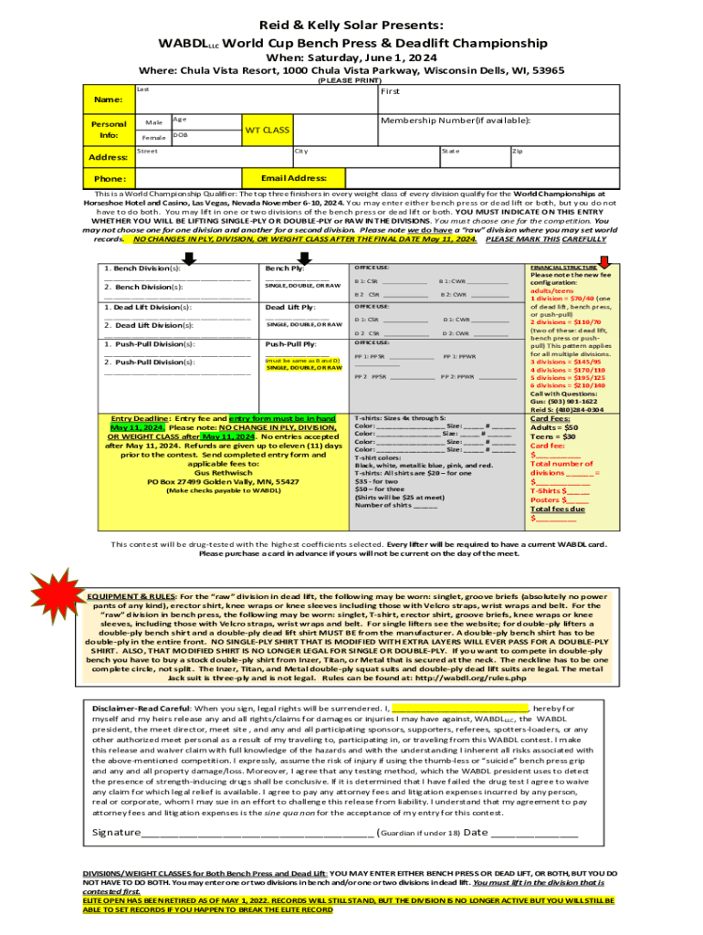 Fillable Online Reid & Kelly Solar Presents: WABDLLLC World Cup Bench ...