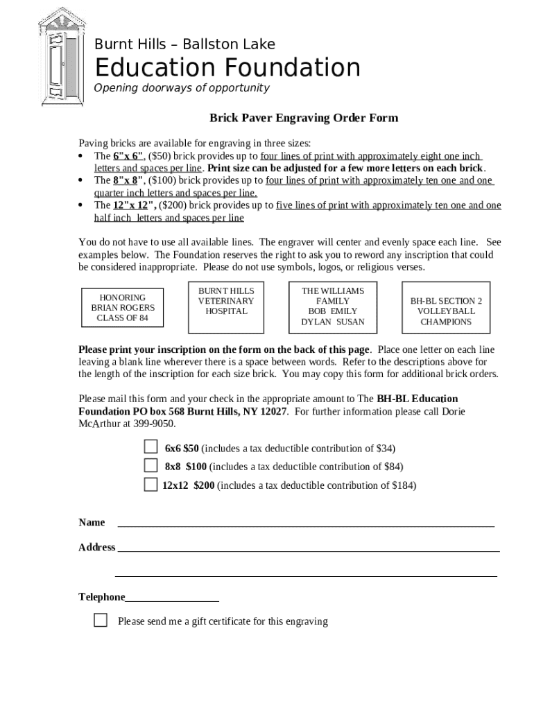 Brick Paver Engraving Order Doc Template | pdfFiller