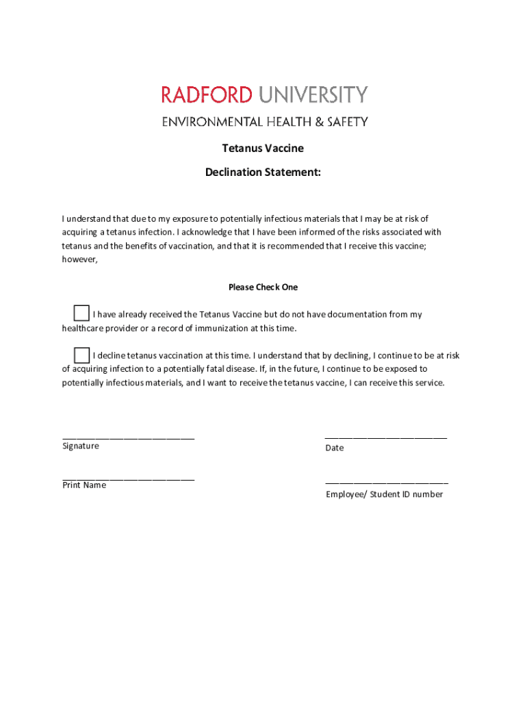 Fillable Online Tetanus Vaccine Declination Statement: Fax Email Print ...