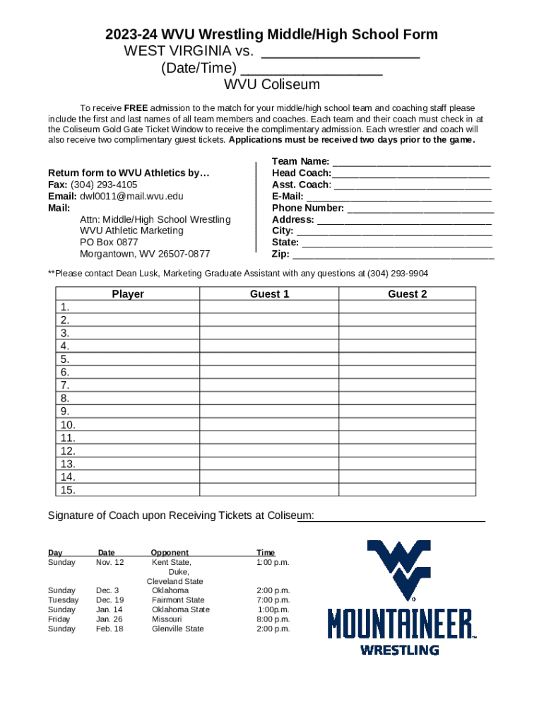 2023-24 Wrestling Middle School/High School - West ... Doc Template | pdfFiller