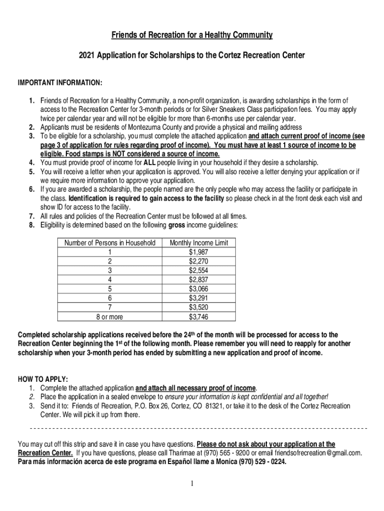 Fillable Online 2021 Application for Scholarships to the Cortez Recreation Center Fax Email ...