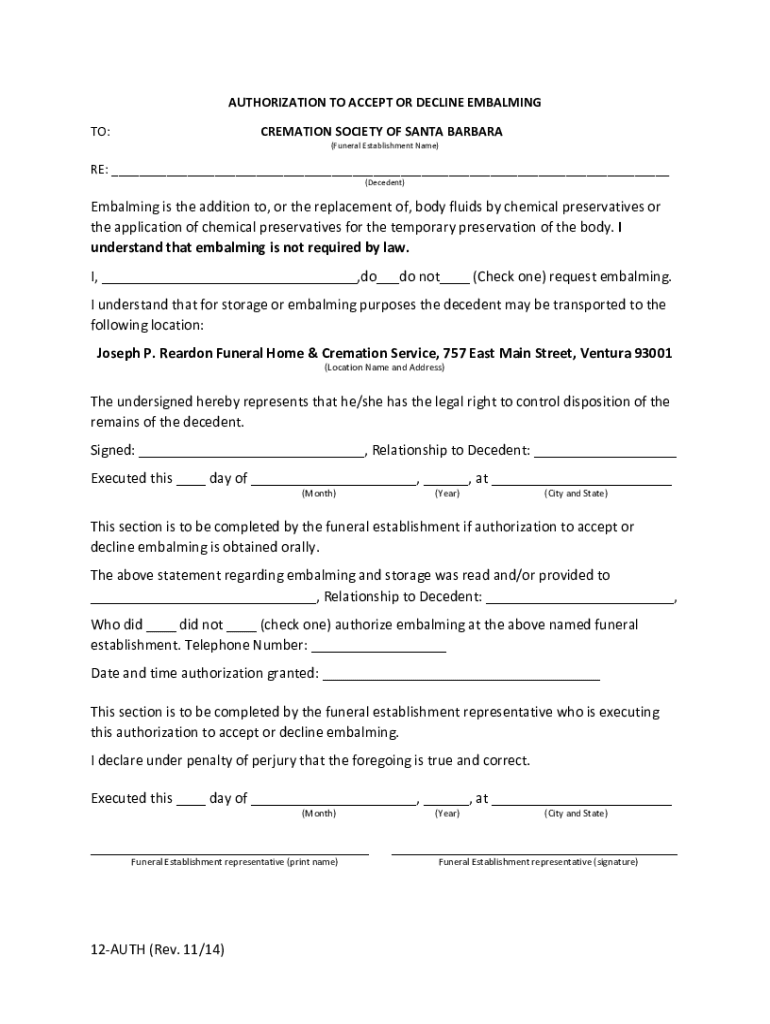 Fillable Online AUTHORIZATION TO ACCEPT OR DECLINE EMBALMING - Santa ...