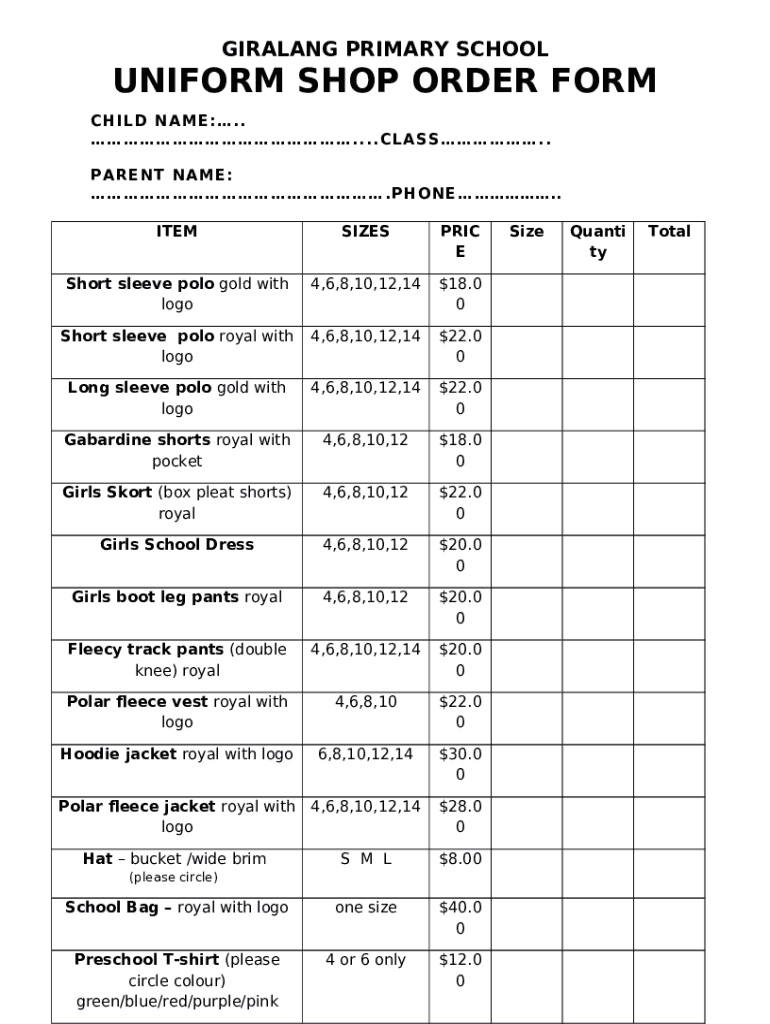 giralang primary school uni shop order Doc Template | pdfFiller