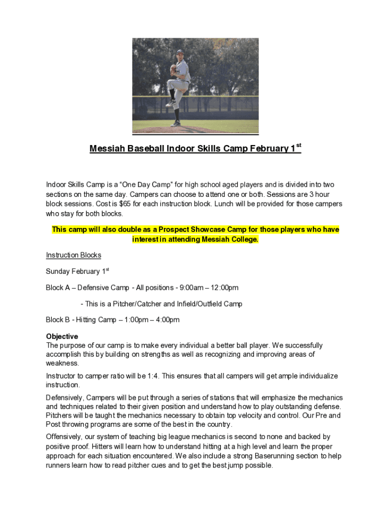 Fillable Online Messiah Baseball Indoor Skills Camp February 1st Fax ...