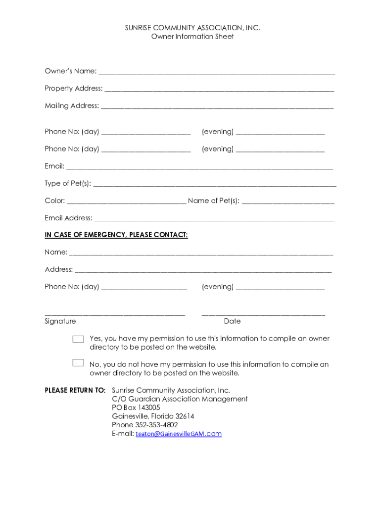 Fillable Online Sunrise Owner Information Sheet Fax Email Print - pdfFiller