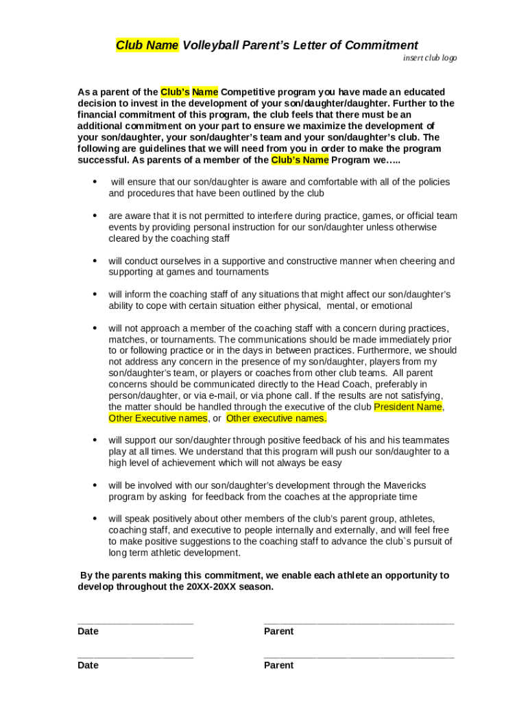 Club Name Volleyball Parent's Letter of Commitment Doc Template | pdfFiller